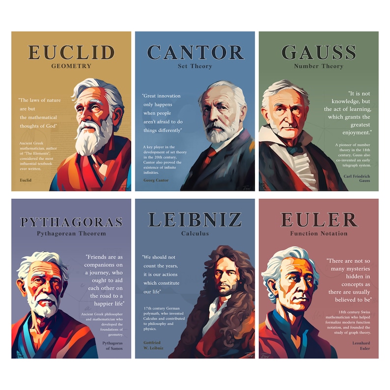 Famous Mathematicians Printable Poster Pack 6x Teacher Math Classroom ...