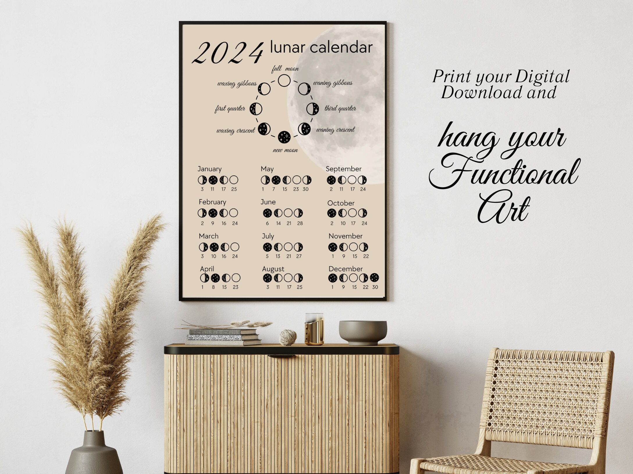 Lunar Phases Moon Cycle Calendar: Digital Download Wall Art - Etsy