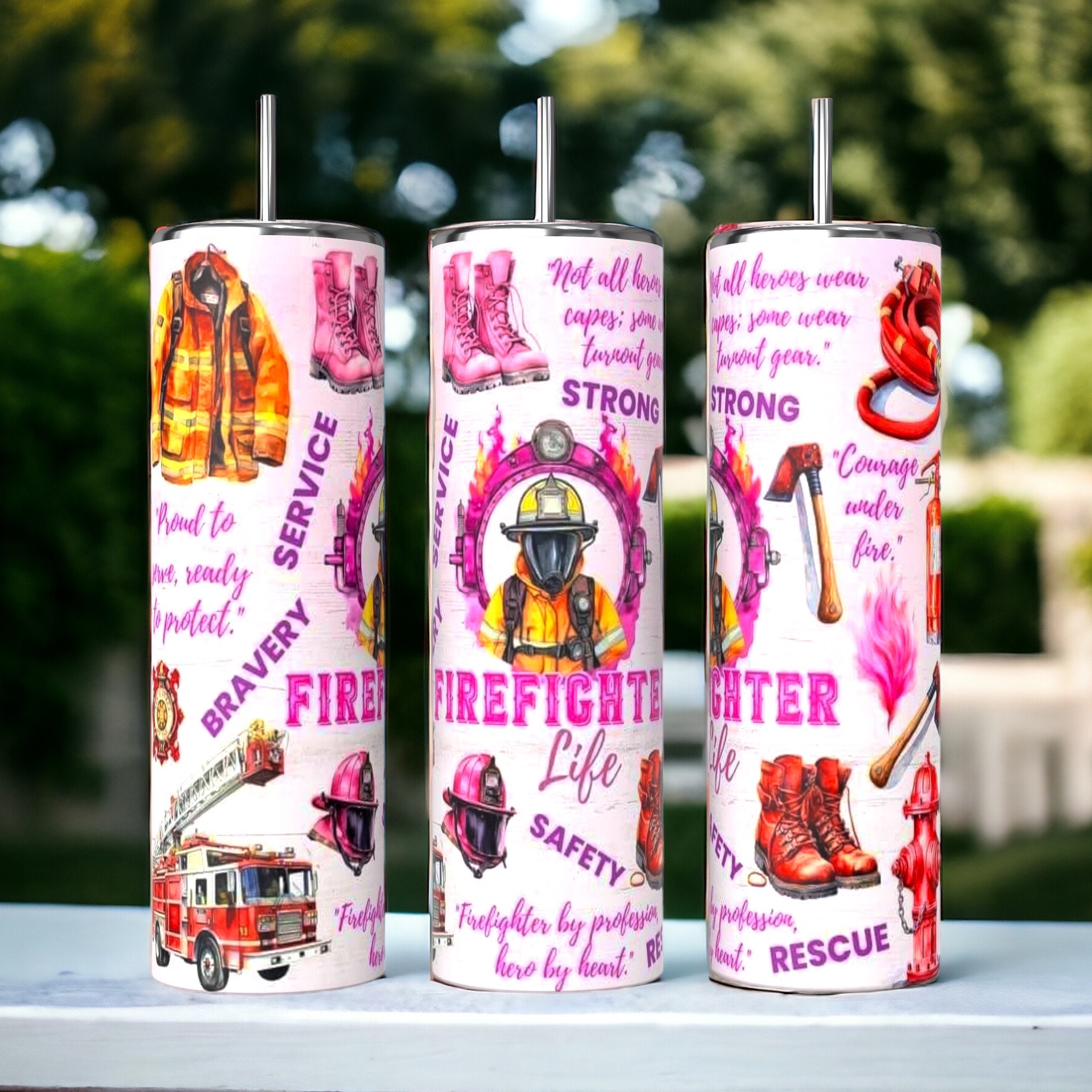 Pink Fire Fighter Sublimated 20oz Stainless Steel Tumbler With Straw ...