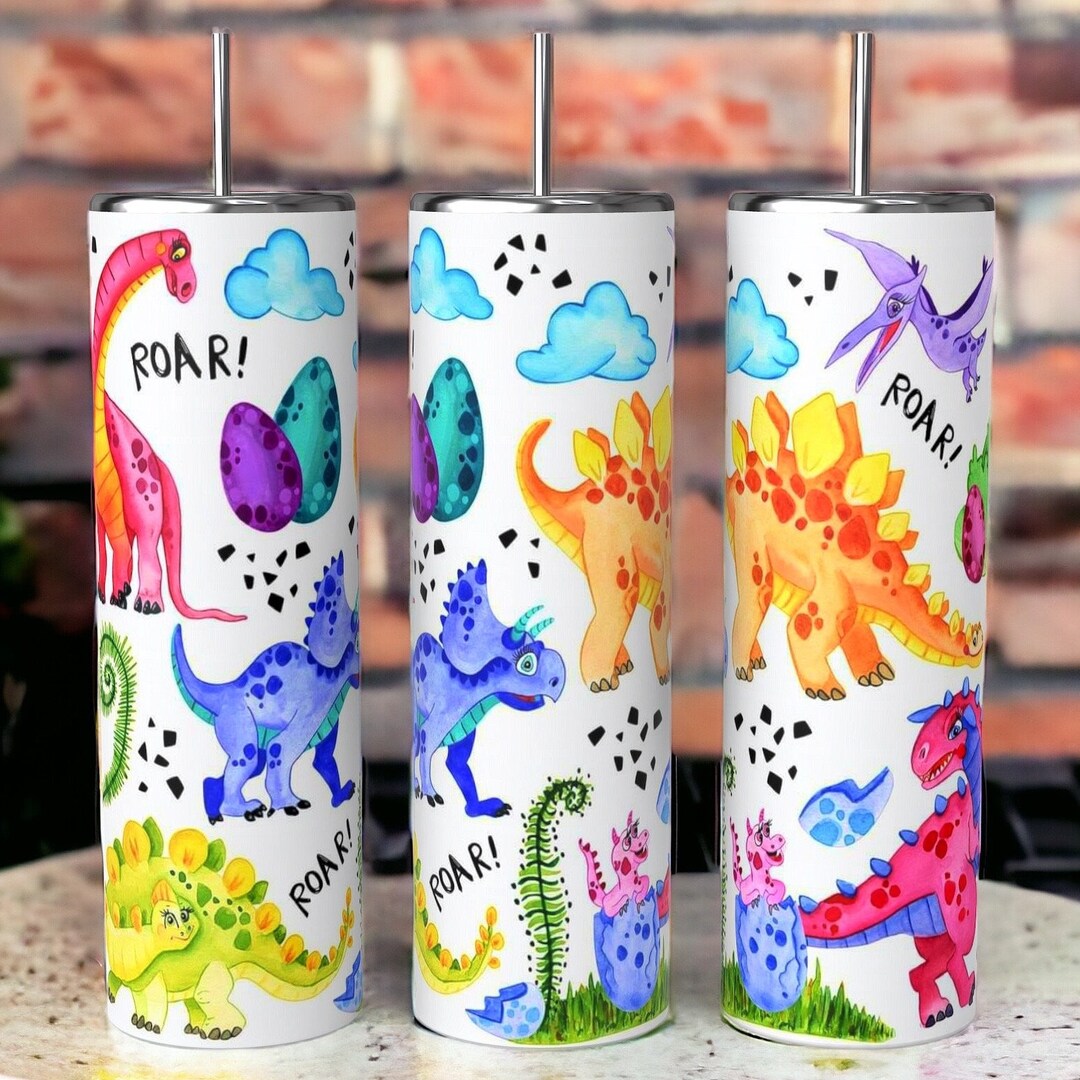 Rainbow Dinosaurs Sublimated 20oz Stainless Steel Tumbler With Straw ...