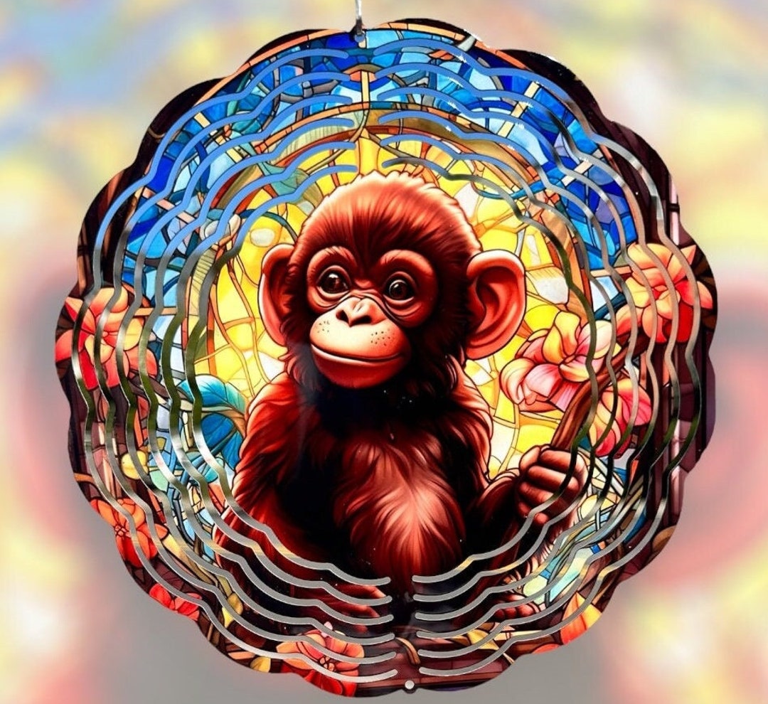 Stained Glass Monkey Sublimated Double-sided 3D Aluminum Wind Spinner ...