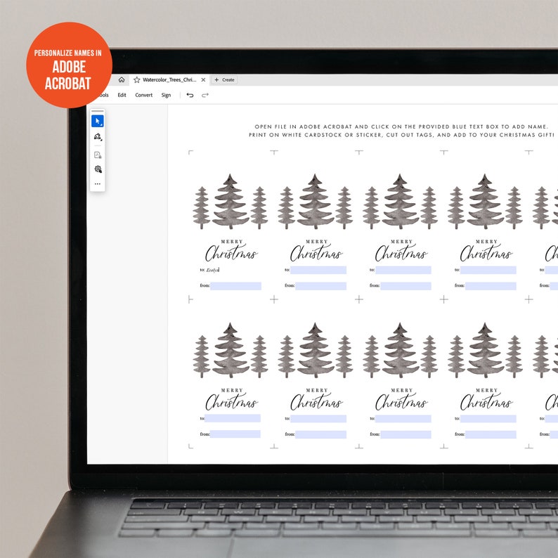 Printable Christmas Gift Tag, Watercolor Tree Gift Tag Printable, Holiday Gift Tags, Editable ...