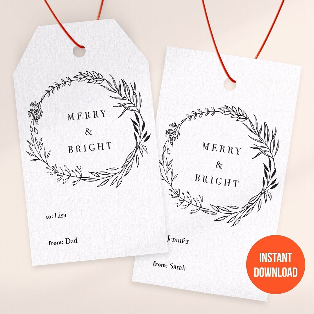 Printable Christmas Gift Tag, Merry and Bright Wreath Gift Tag ...