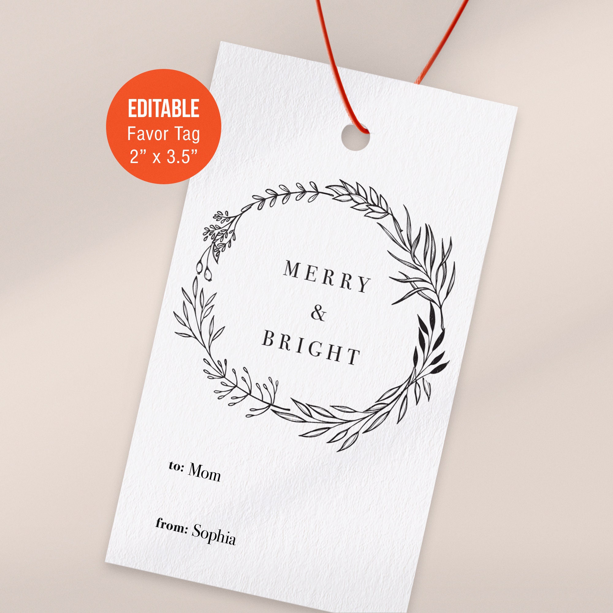 Printable Christmas Gift Tag, Merry and Bright Wreath Gift Tag ...
