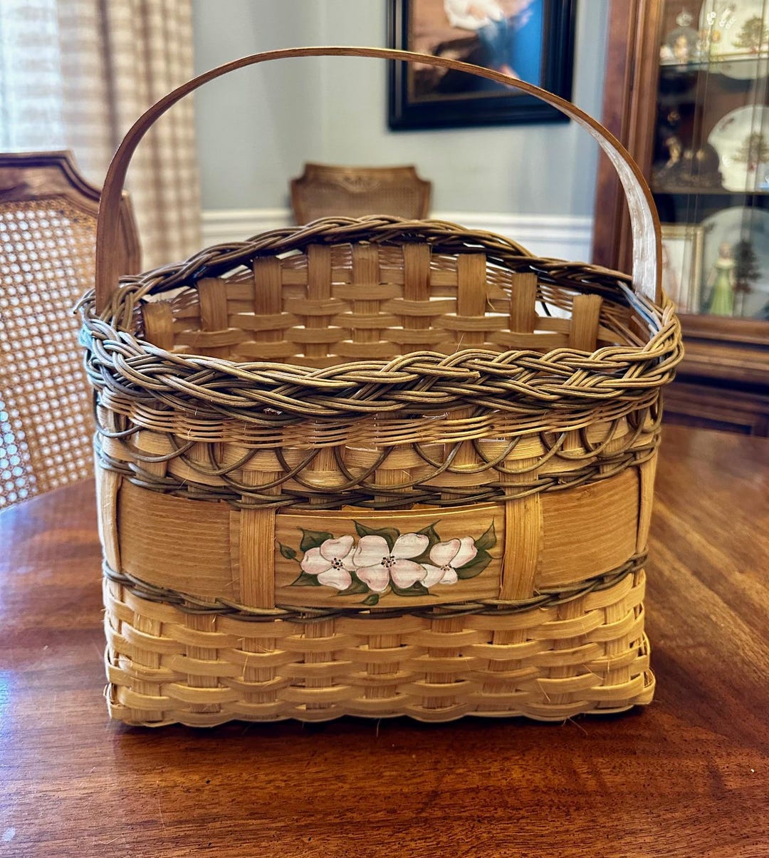 Vintage Handwoven Basket W/wood Handle-rustic Farmhouse Storage Basket ...