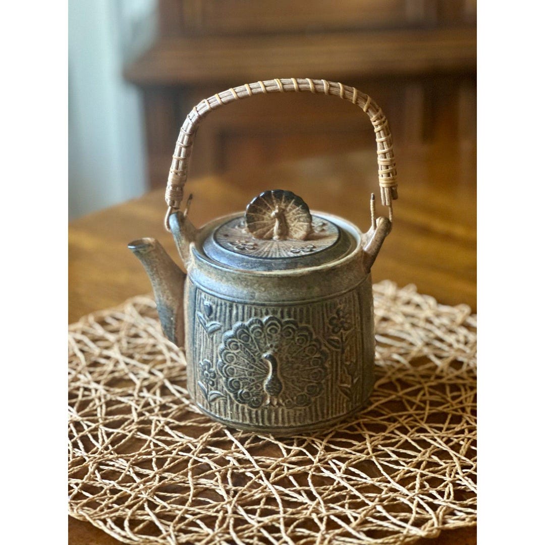 Vintage Ceramic Peacock Teapot/japan Rattan Handled Pot/flower Boho ...