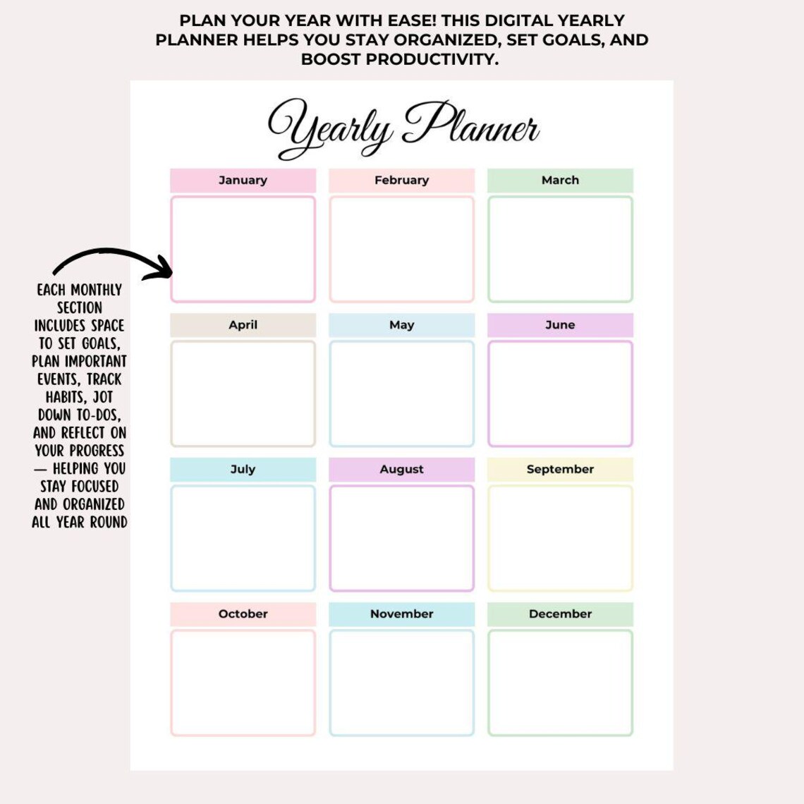 Printable Yearly Planner, Editable Yearly Overview on One Page, Year at ...