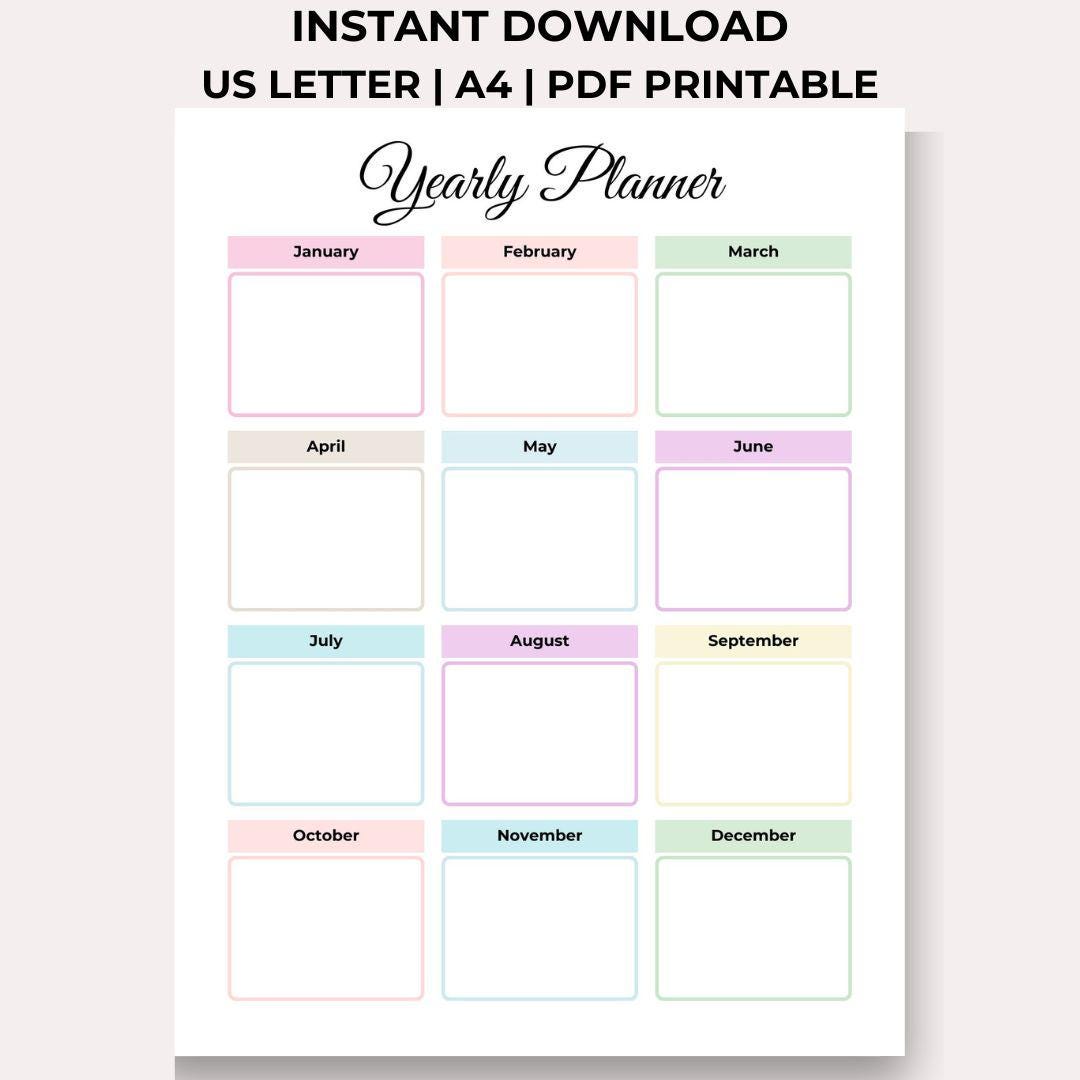 Printable Yearly Planner, Editable Yearly Overview on One Page, Year at ...