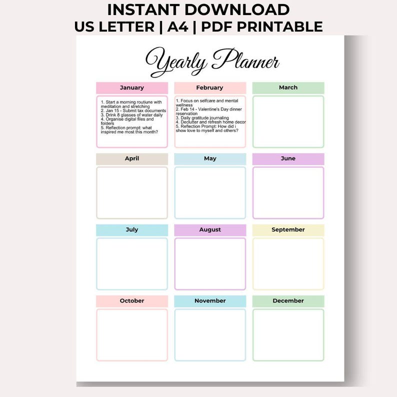 Printable Yearly Planner, Editable Yearly Overview on One Page, Year at ...