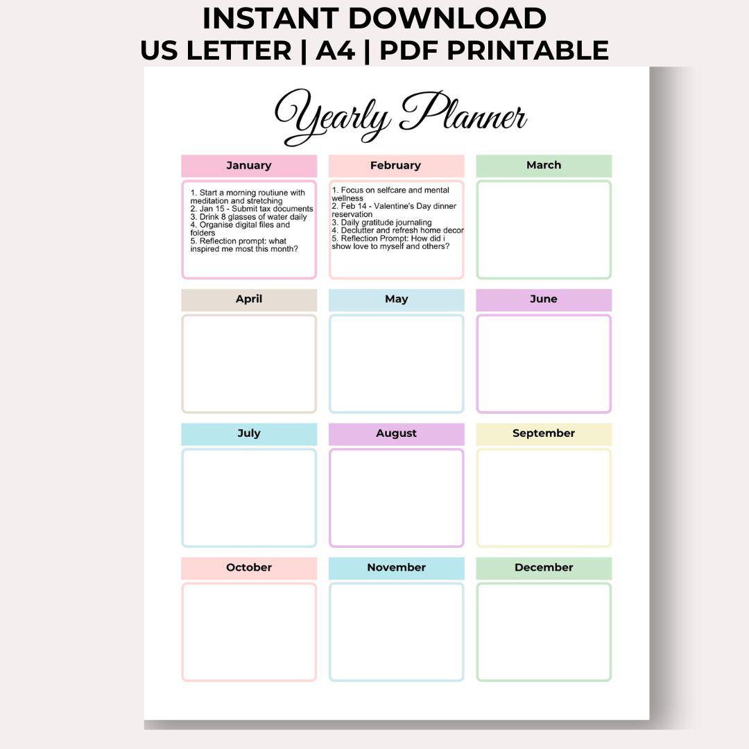Printable Yearly Planner, Editable Yearly Overview on One Page, Year at ...
