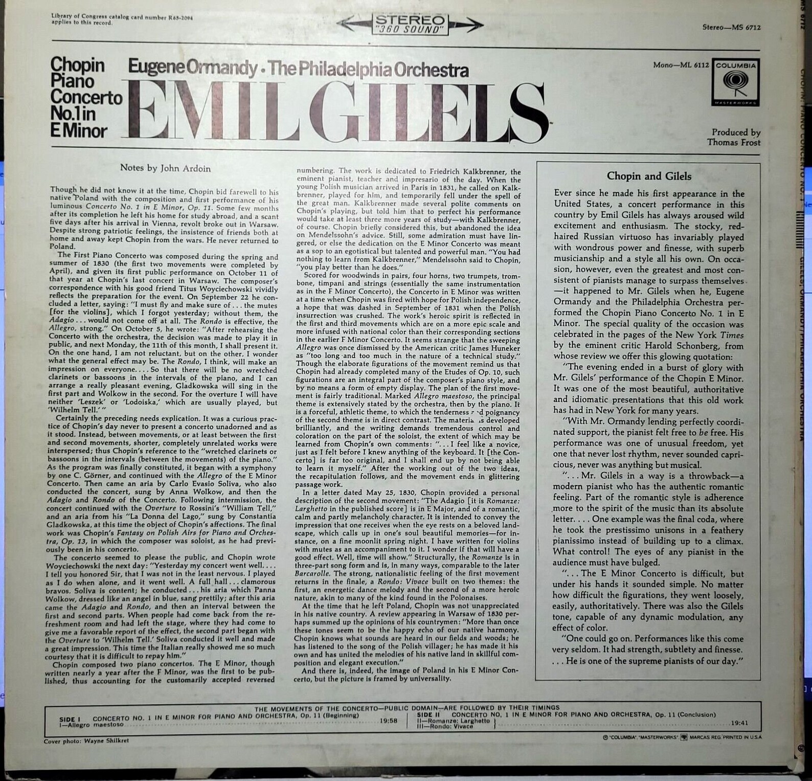 Gilels Ormandy ~ LP Vinyl Record ~ Chopin: Piano Concerto No.1 in E ...