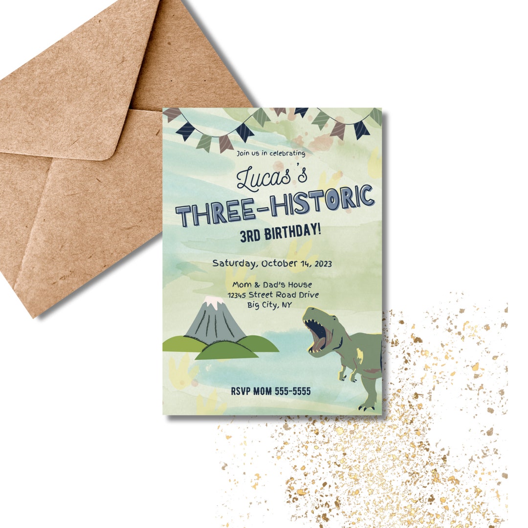 Three-historic Birthday Invitation Template Dinosaur Party - Etsy