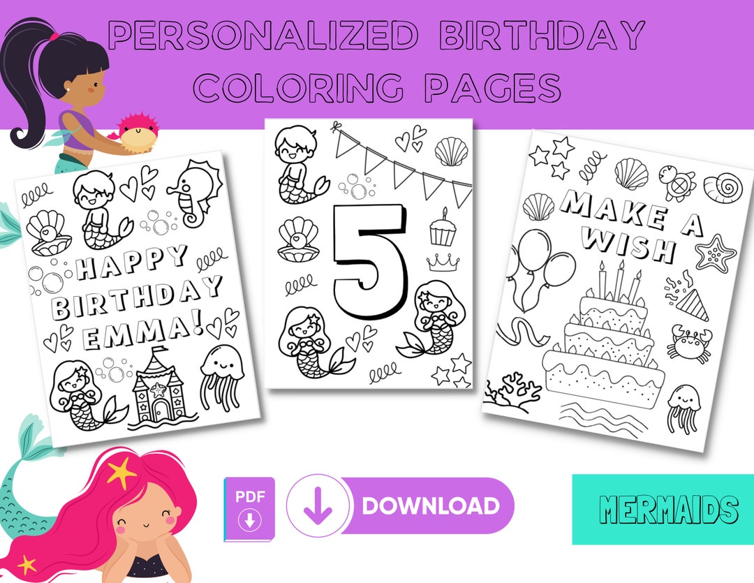 Personalized Mermaid Birthday Coloring Pages, Mermaid Coloring Book ...