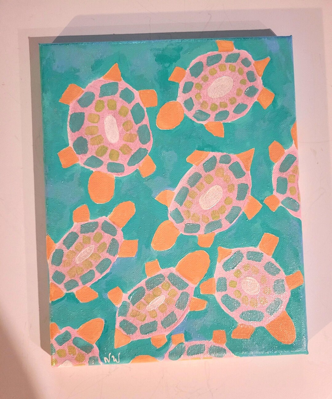 Turtle Nest Art 8" X 10" Hand Painted in Aqua and Peach Pastel Acrylics ...