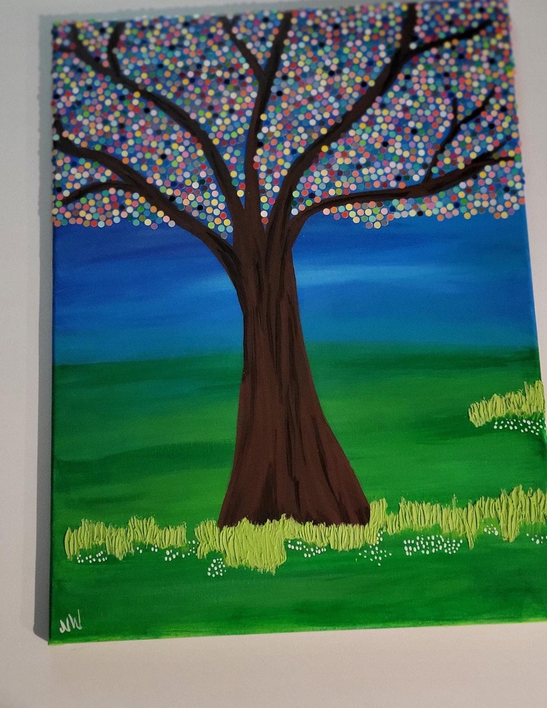 Happy Tree Art Bright Blue 18" X 24" Hand Painted & Decoupaged Canvas ...