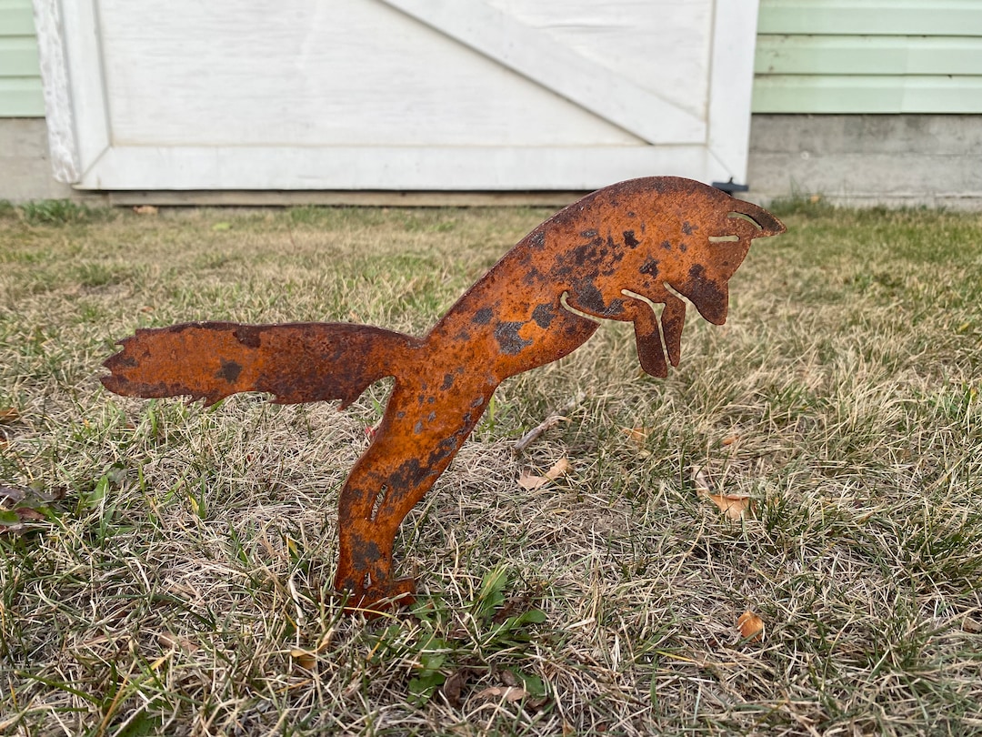 Rustic Metal Fox Garden Sculpture | Weathered Fox Outdoor Decor | Rusty ...
