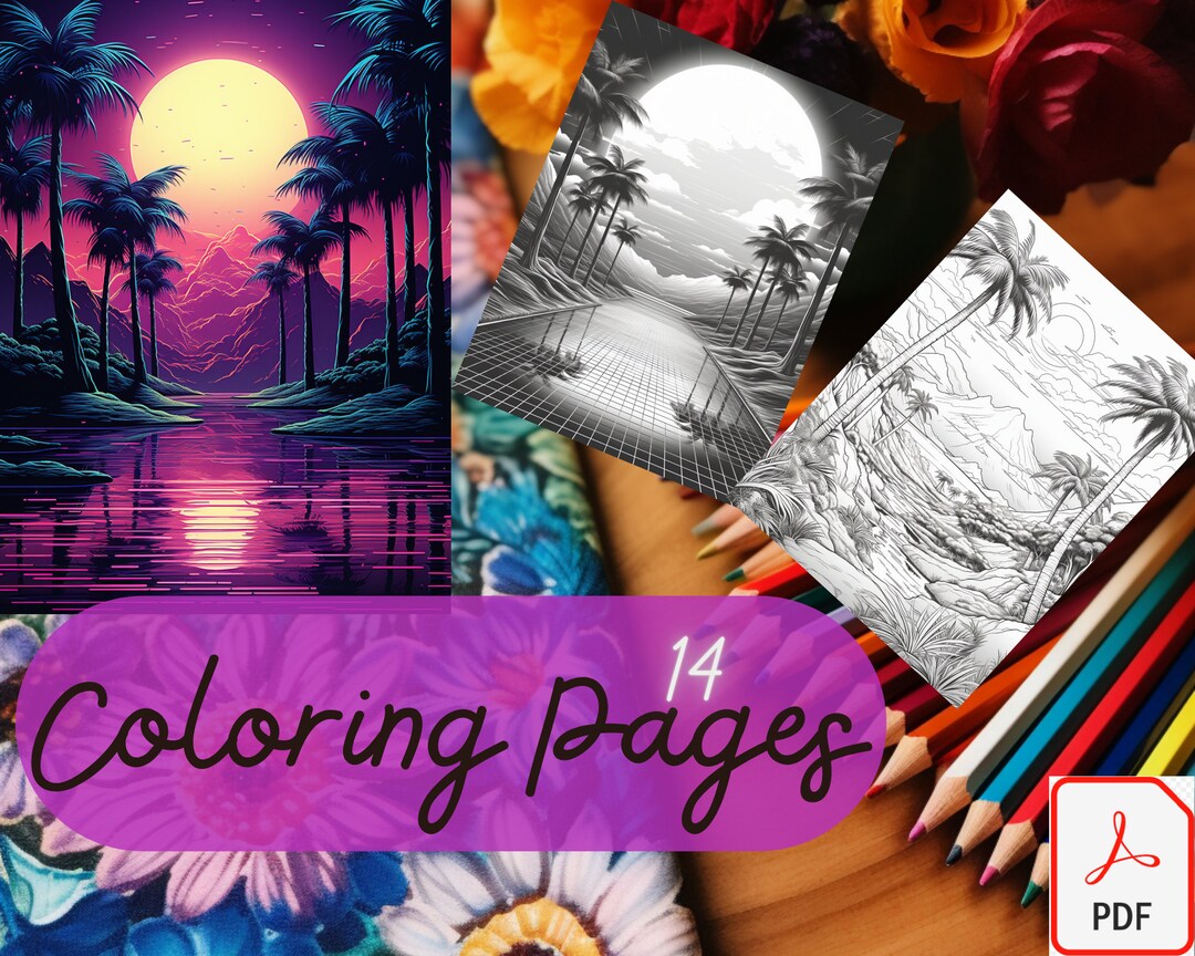 Coloring Book, Coloring Pages, Synthwave Style, Retro, Beach, Sunset ...