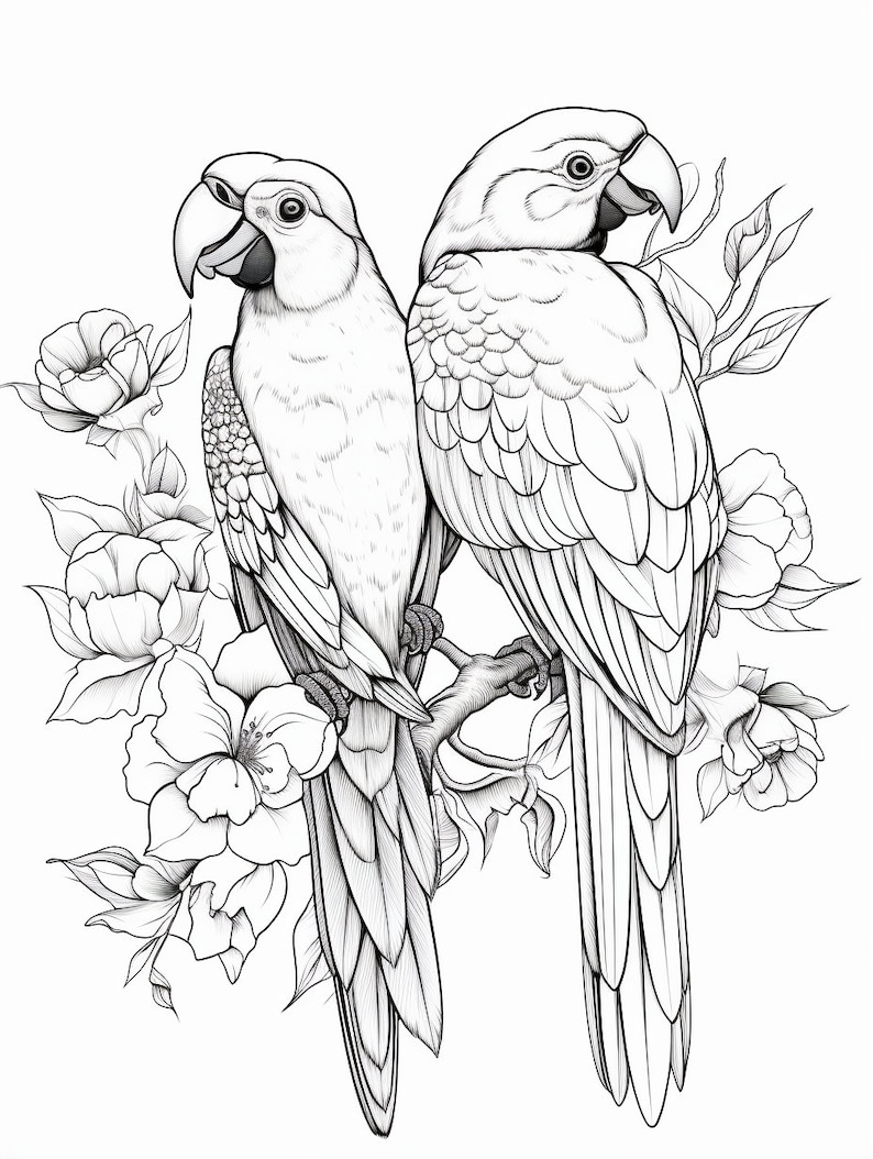 Exotic Birds Coloring Pages, Adults Printable Coloring Page, Parrots ...