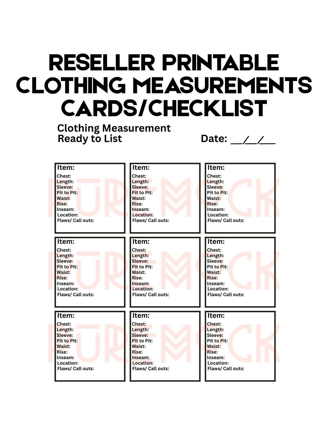 Reseller Clothing Measurement Guide, Cards, Chart, Template, Ebay ...