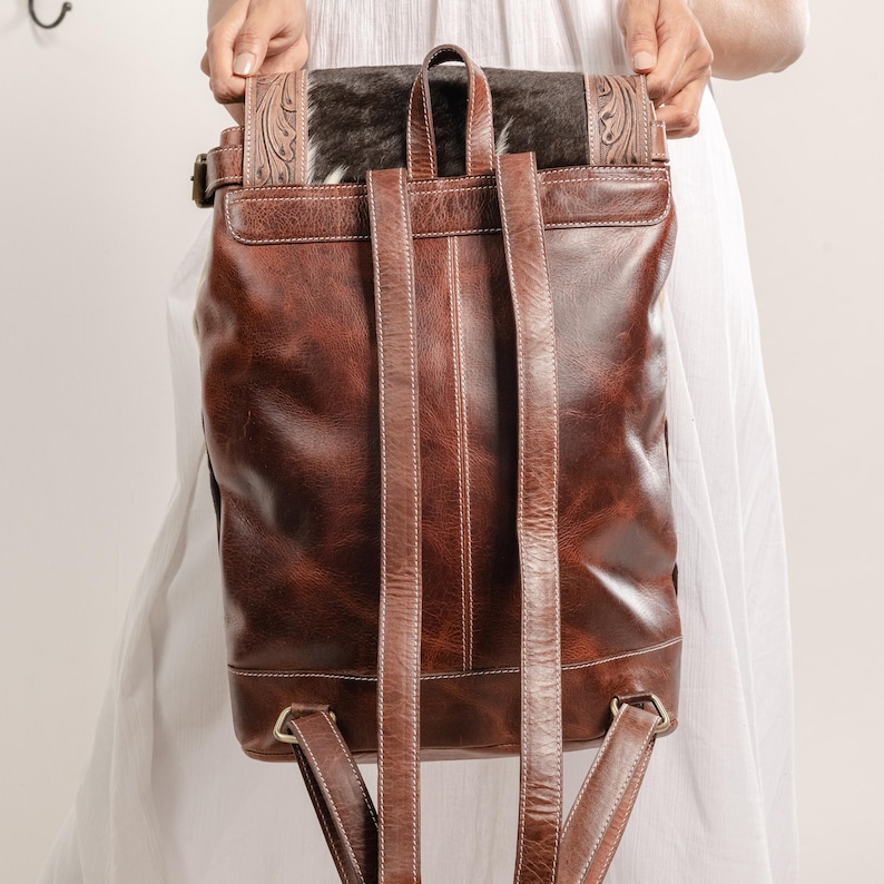 Hand-tooled Hair-on Leather Backpack – Full Grain, Brass Accents - Etsy