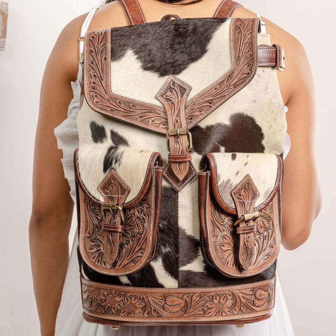 Hand-tooled Hair-on Leather Backpack – Full Grain, Brass Accents - Etsy