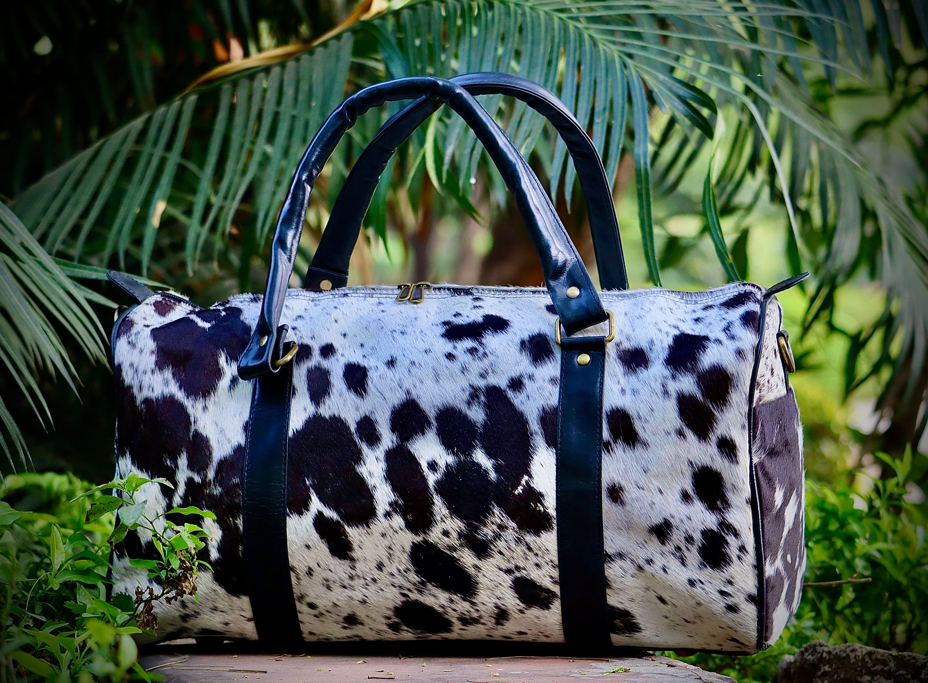 Cowhide Duffle Bag Cowhide Luggage Cowhide Weekender Duffel Bag Black ...