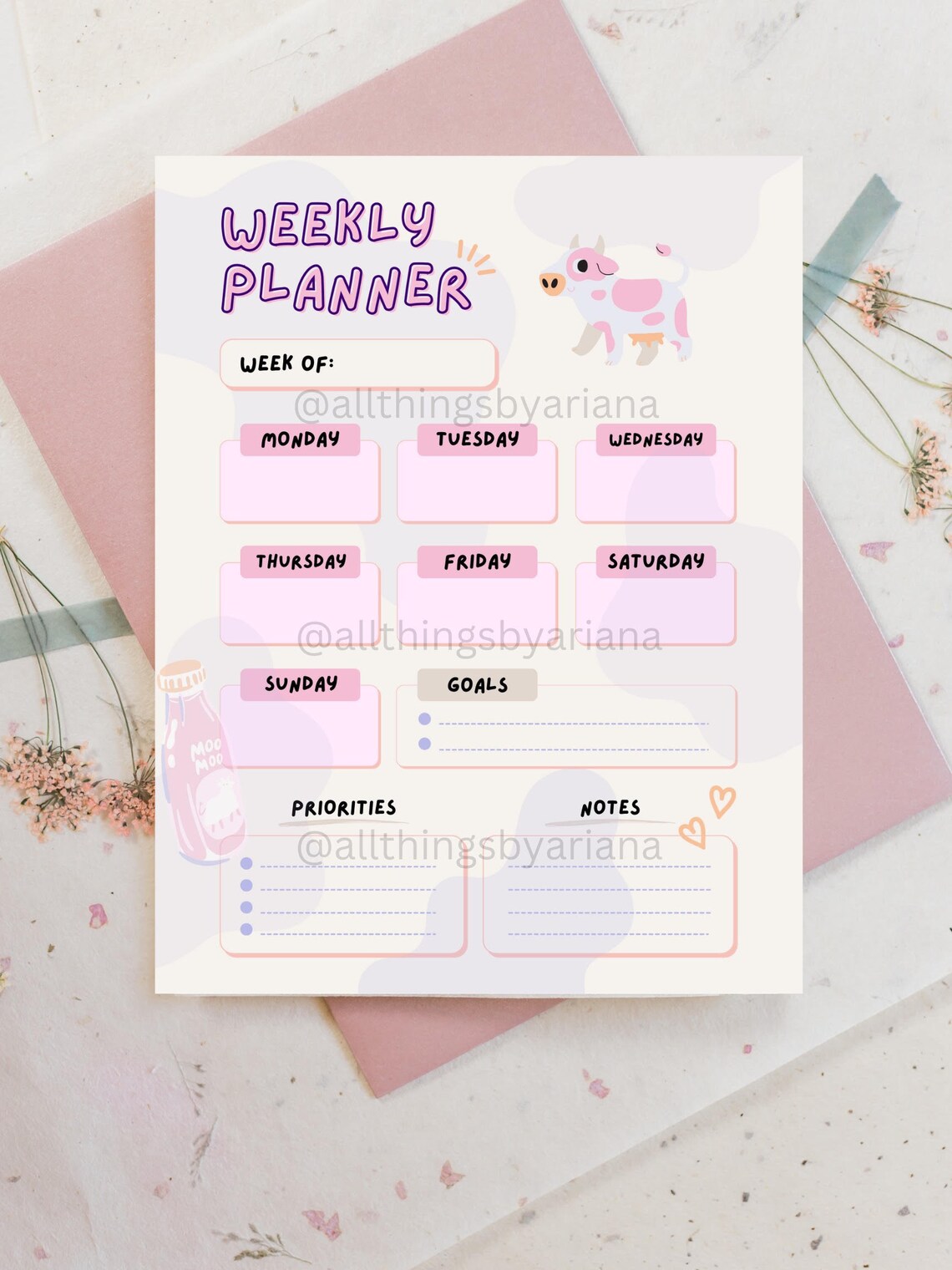 Weekly Printable To-do Planner, Cute Pink Cow Aesthetic, Task Planner ...