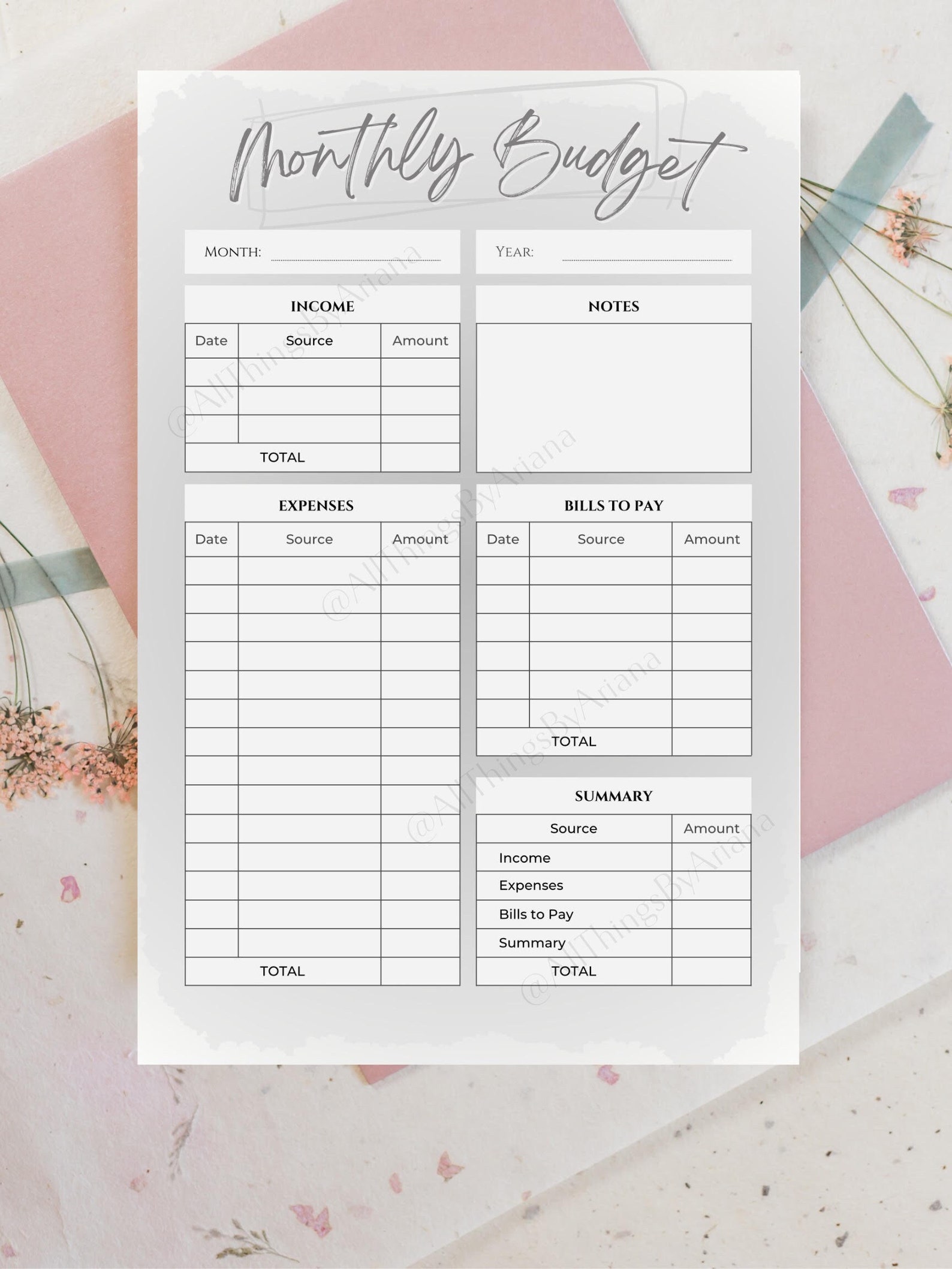 Monthly Budget Single Page Digital Printable, Expense Tracker, Modern ...