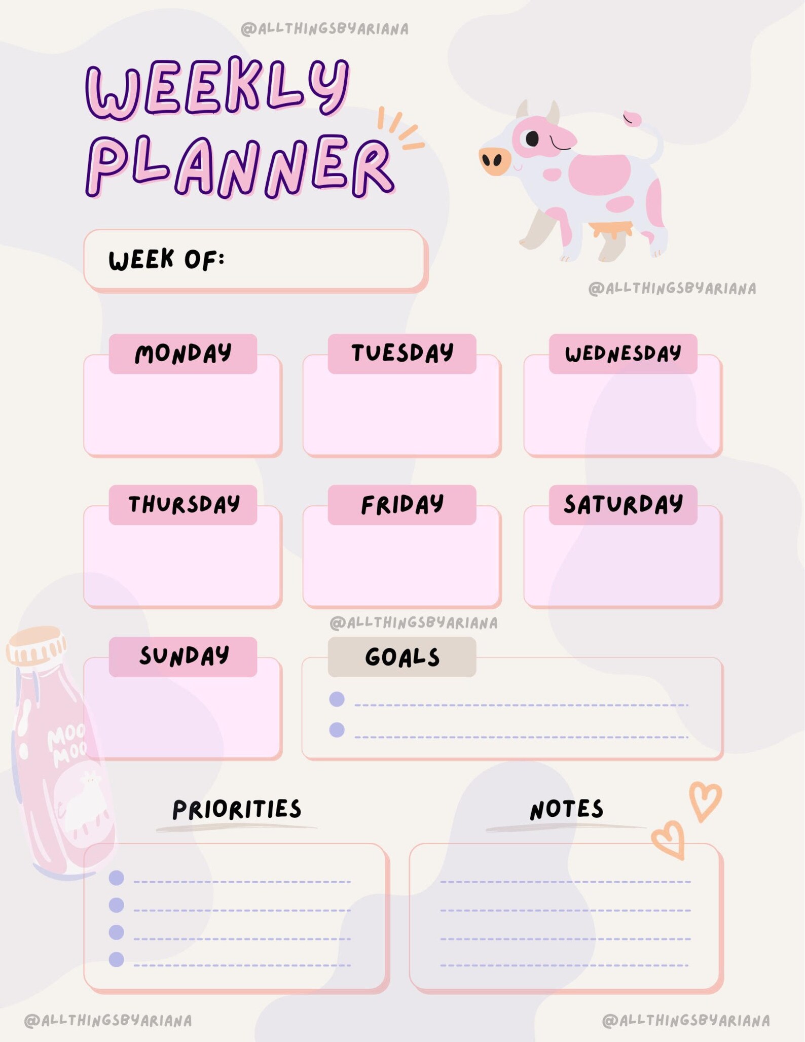 Weekly Printable To-do Planner, Cute Pink Cow Aesthetic, Task Planner ...
