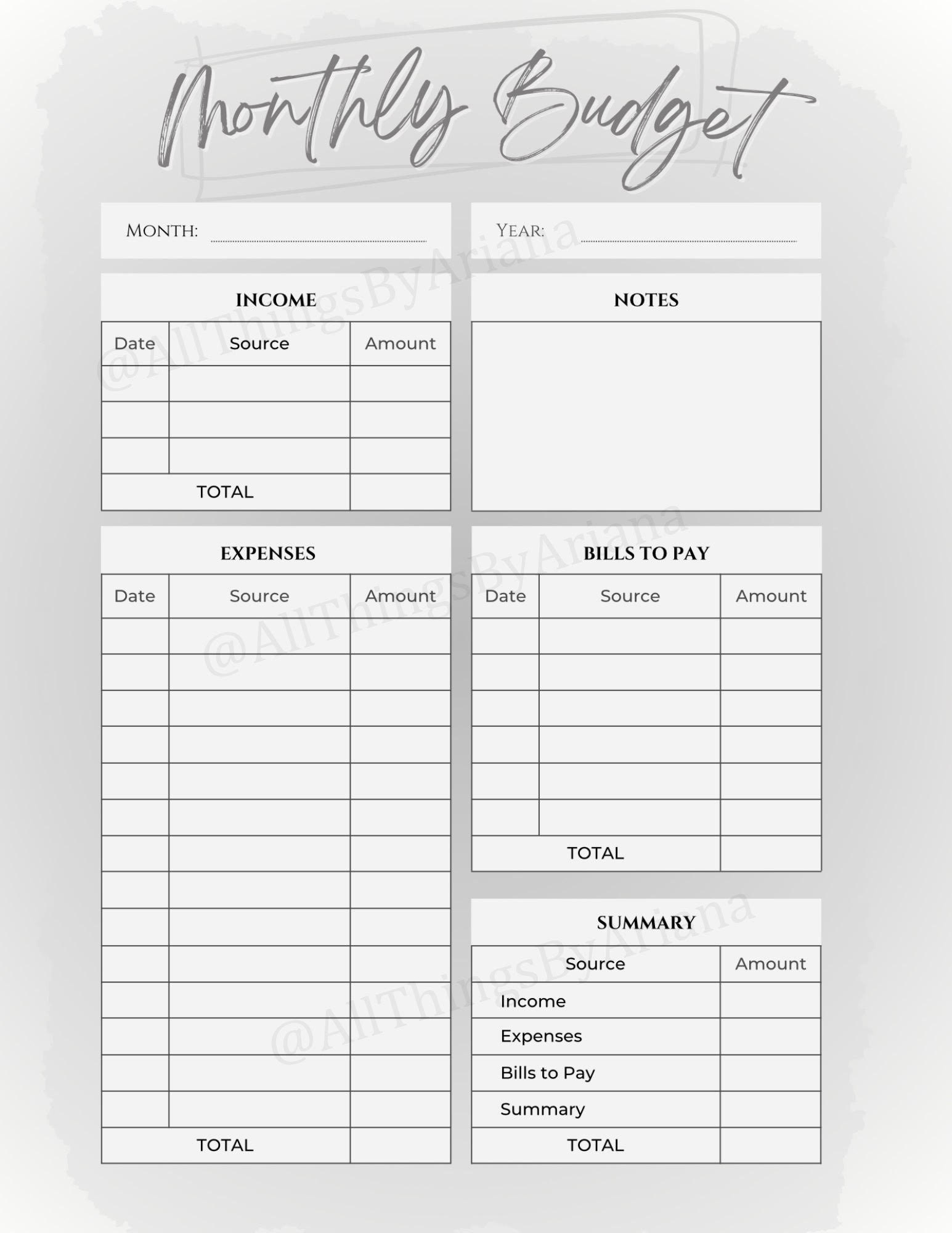 Monthly Budget Single Page Digital Printable, Expense Tracker, Modern ...
