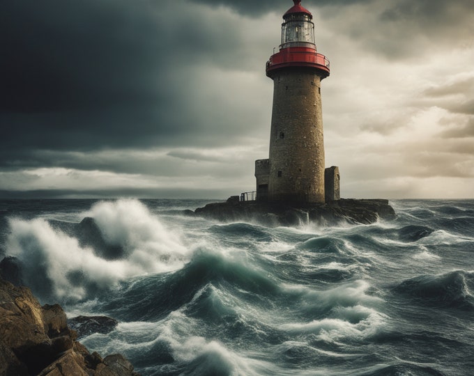 The Irish Sea. One Lighthouse Stands Alone Against the Crashing and ...