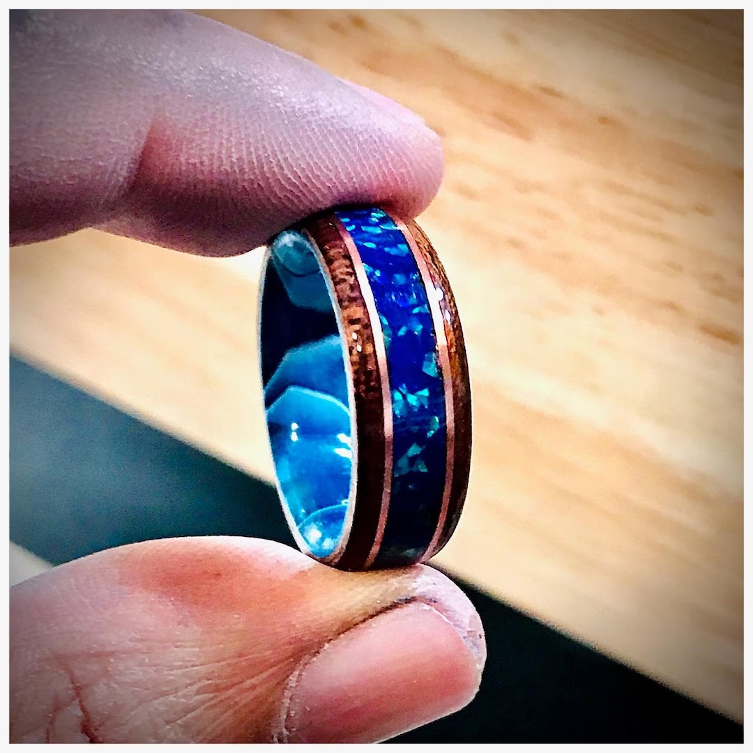 West African Etimoe Wood Ring, Crushed Blue Opal Inlay, Copper Banding ...