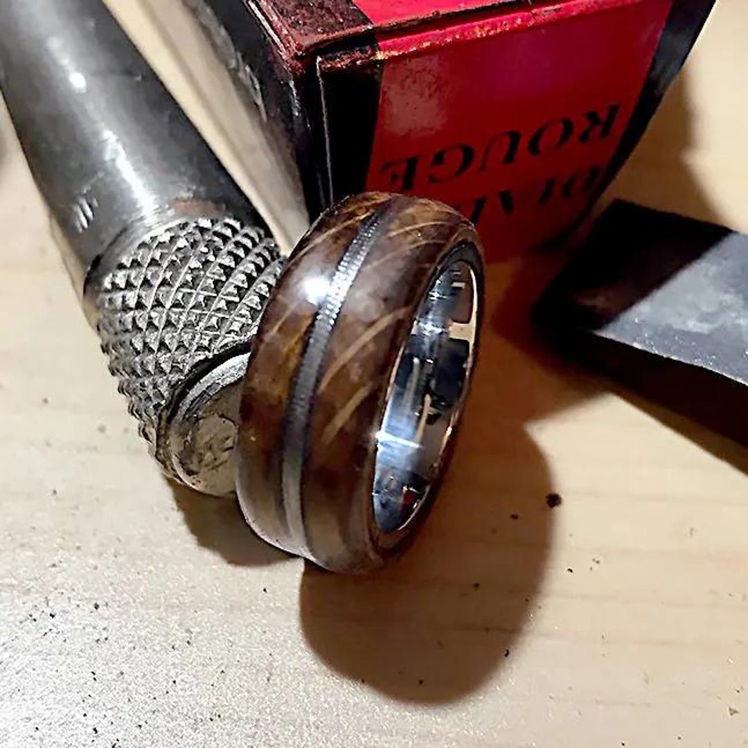 Whiskey Barrel Wood Ring, Worn Guitar String Inlay, Titanium, or ...
