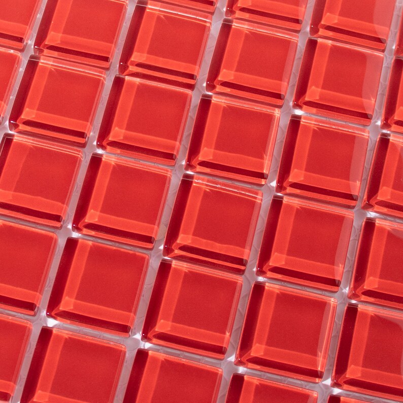 Red Mosaic Tile Sheet, Gloss Glass Tiles, Square Tiles, 0.875 X 0.875 ...