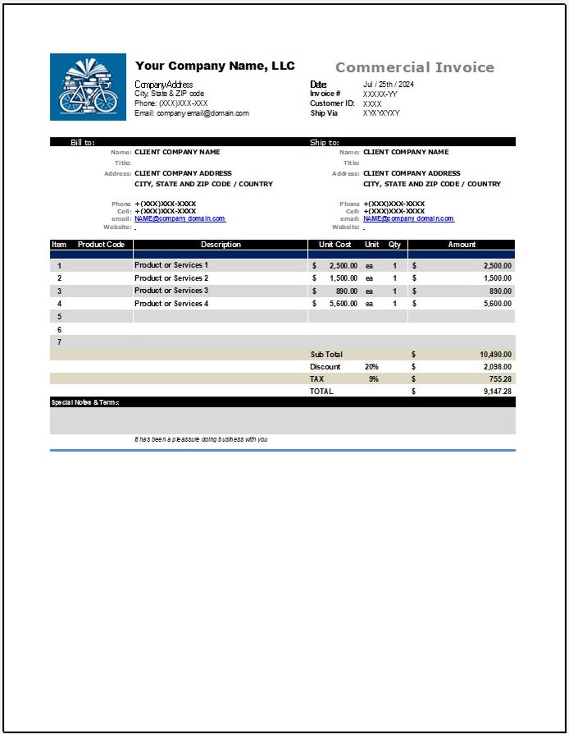 Invoice Template XLS Microsoft EXCEL Invoice Template, Fillable Invoice ...