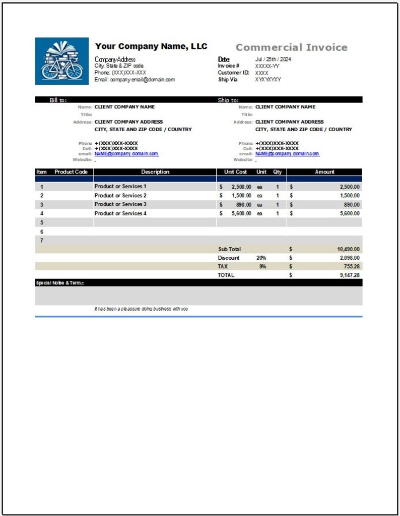Invoice Template XLS Microsoft EXCEL Invoice Template, Fillable Invoice ...