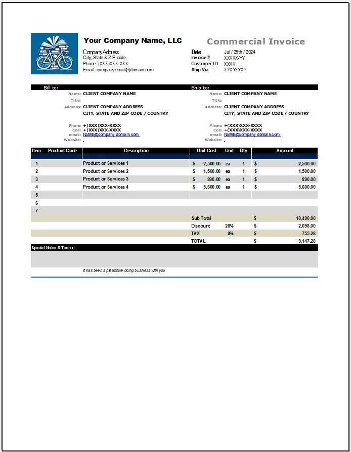 Invoice Template XLS Microsoft EXCEL Invoice Template, Fillable Invoice ...