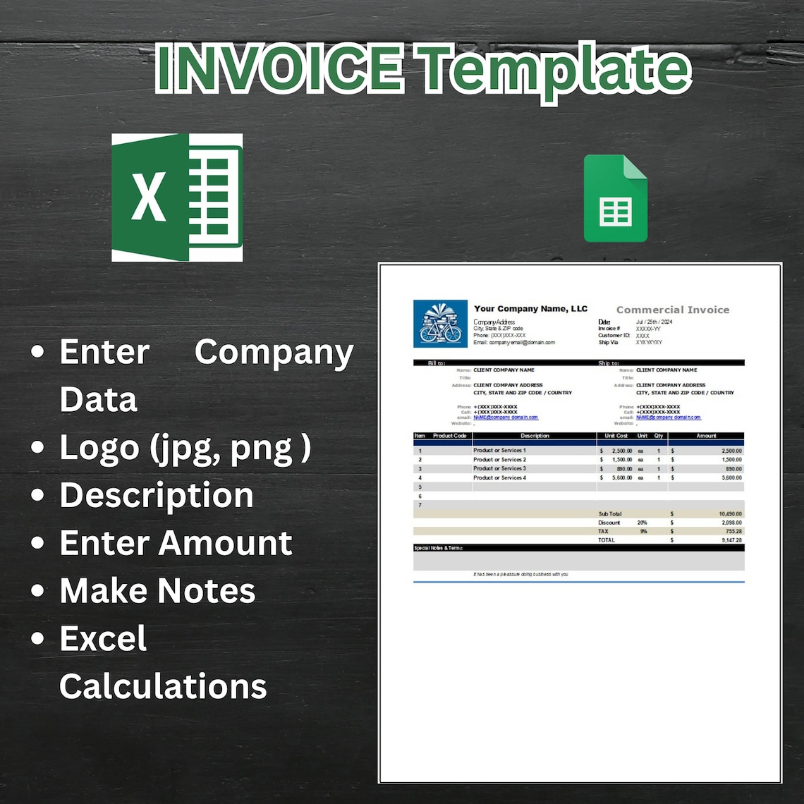 Invoice Template XLS Microsoft EXCEL Invoice Template, Fillable Invoice ...