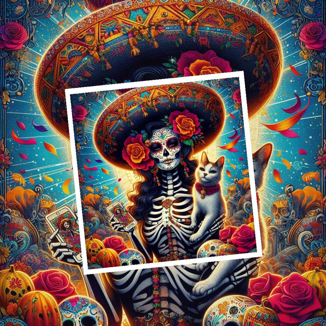 3+ Beautiful Catrina Tarot Card Png , Woman and Cat Skeleton, Mexican ...