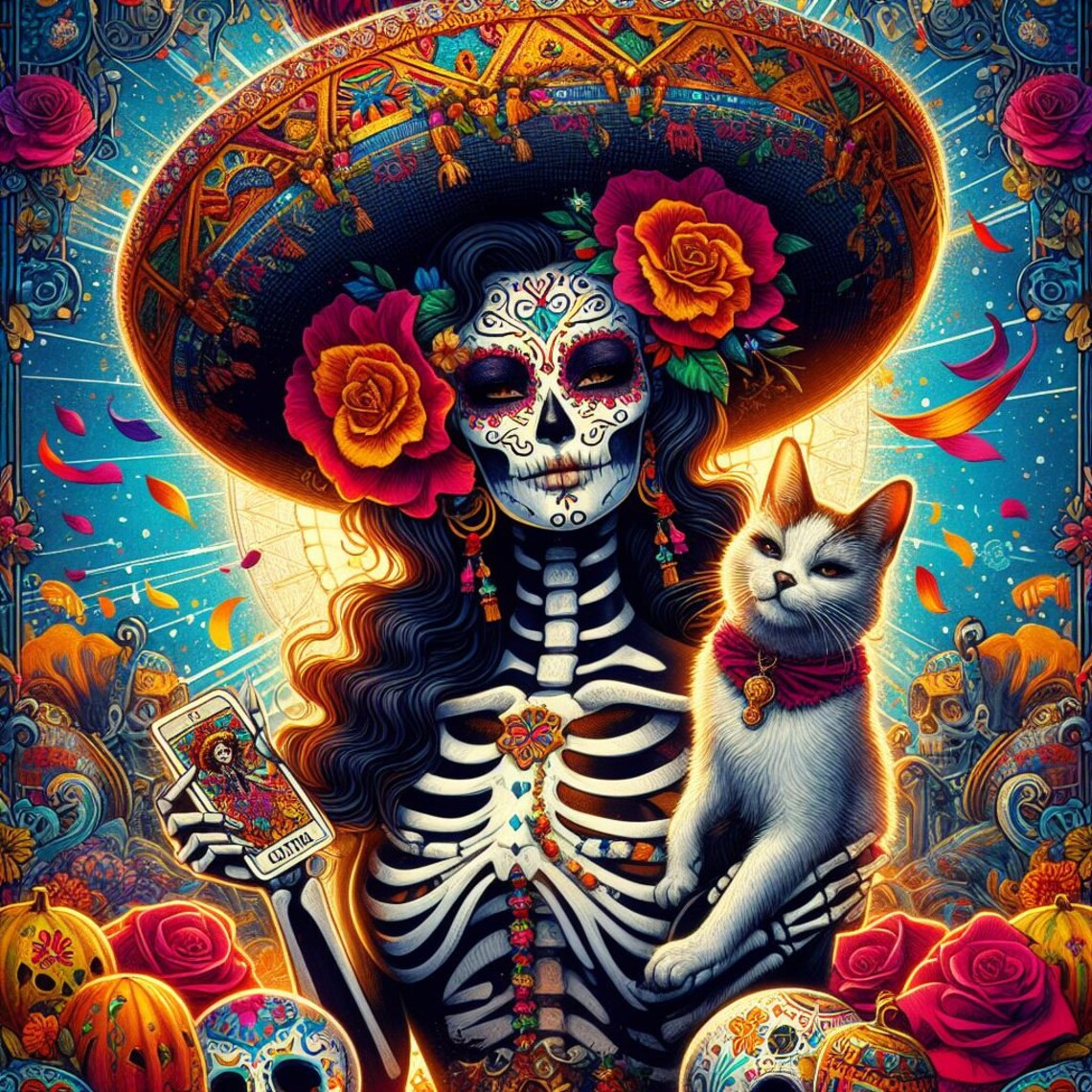 3+ Beautiful Catrina Tarot Card Png , Woman and Cat Skeleton, Mexican ...