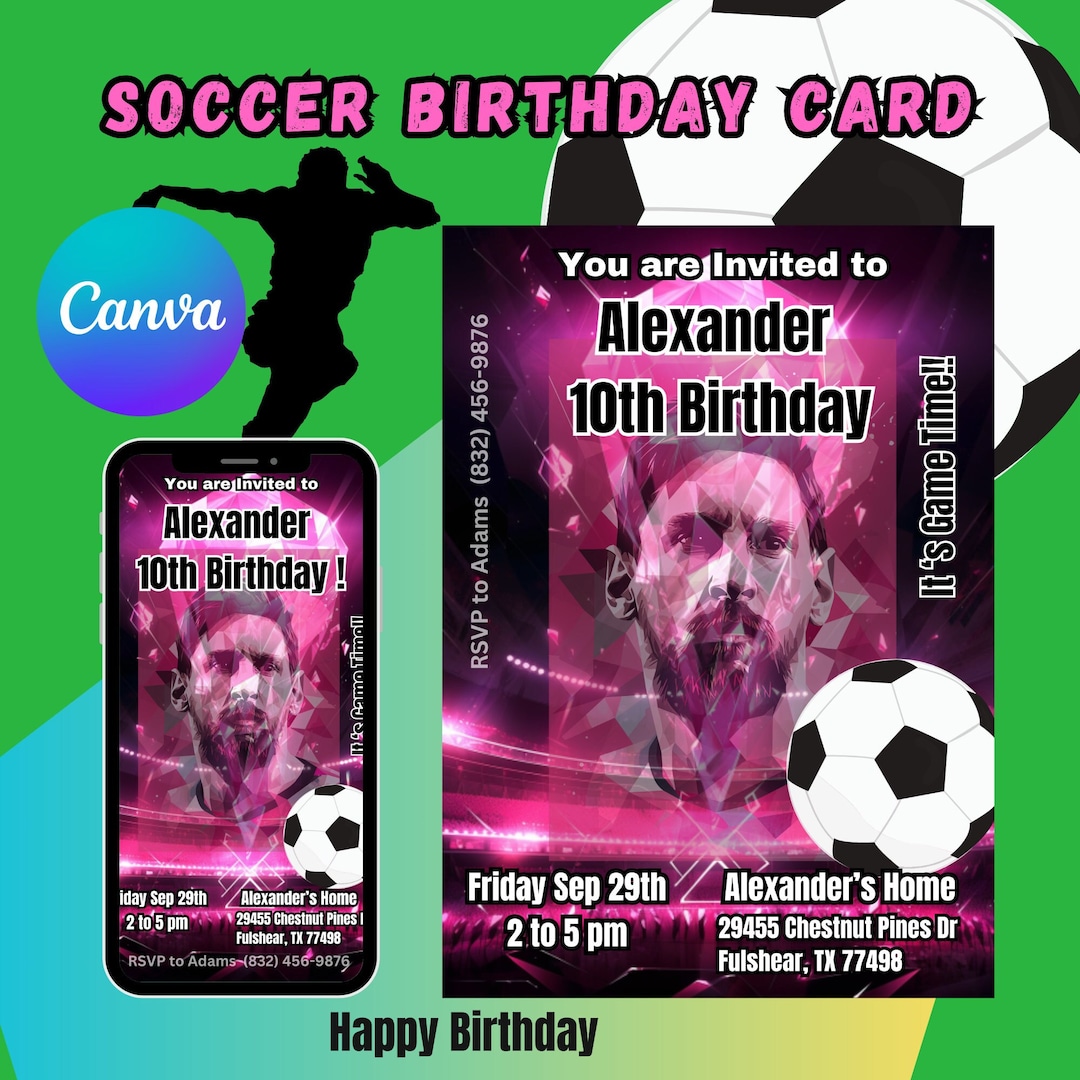 Pink Soccer Birthday Card Template Birthday Invitation Card - Etsy