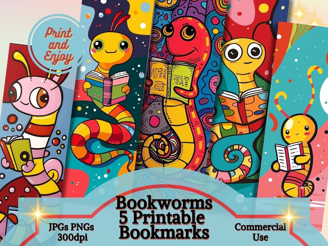 Bookworms Printable Bookmarks: 5 Pieces, Digital Collage Sheet Book ...