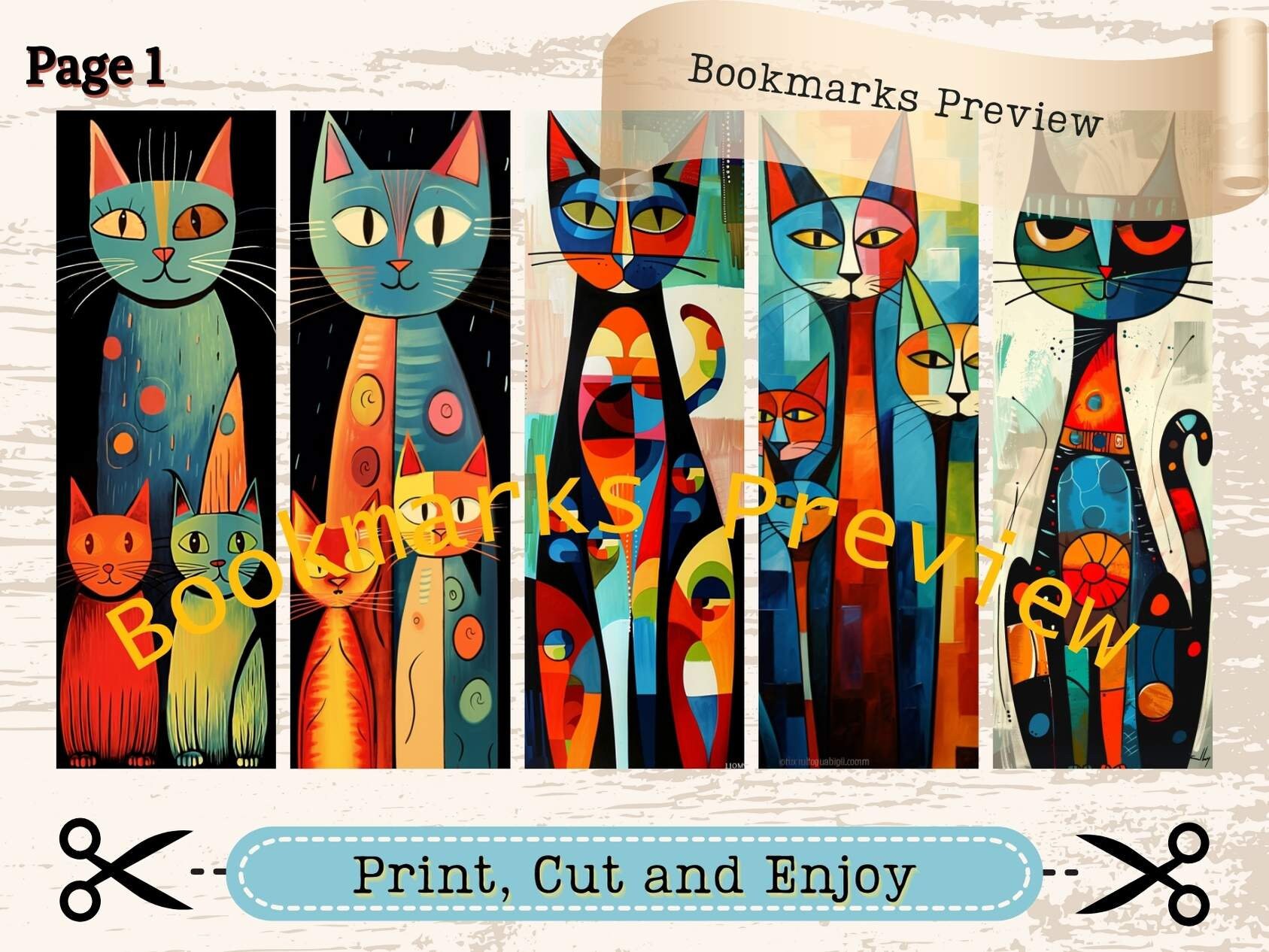 Artsy Cat Printable Bookmarks Set, 20 Pieces, Digital Collage Sheet ...