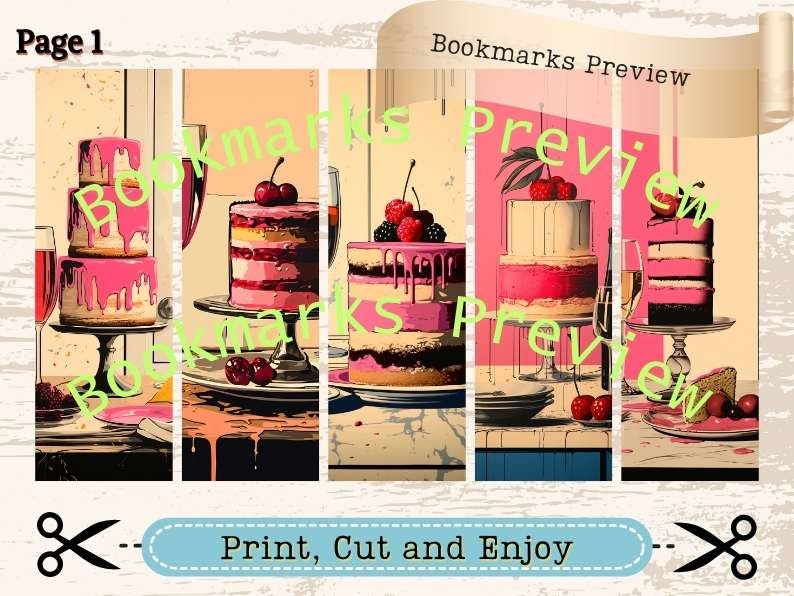 Cake Printable Bookmarks: 5 Pieces, Pink Beige Dessert Digital Collage ...