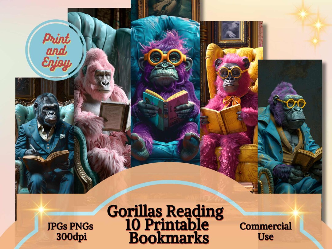 Gorillas Reading Bookmark Designs, 10 Printable Bookmarks Digital ...