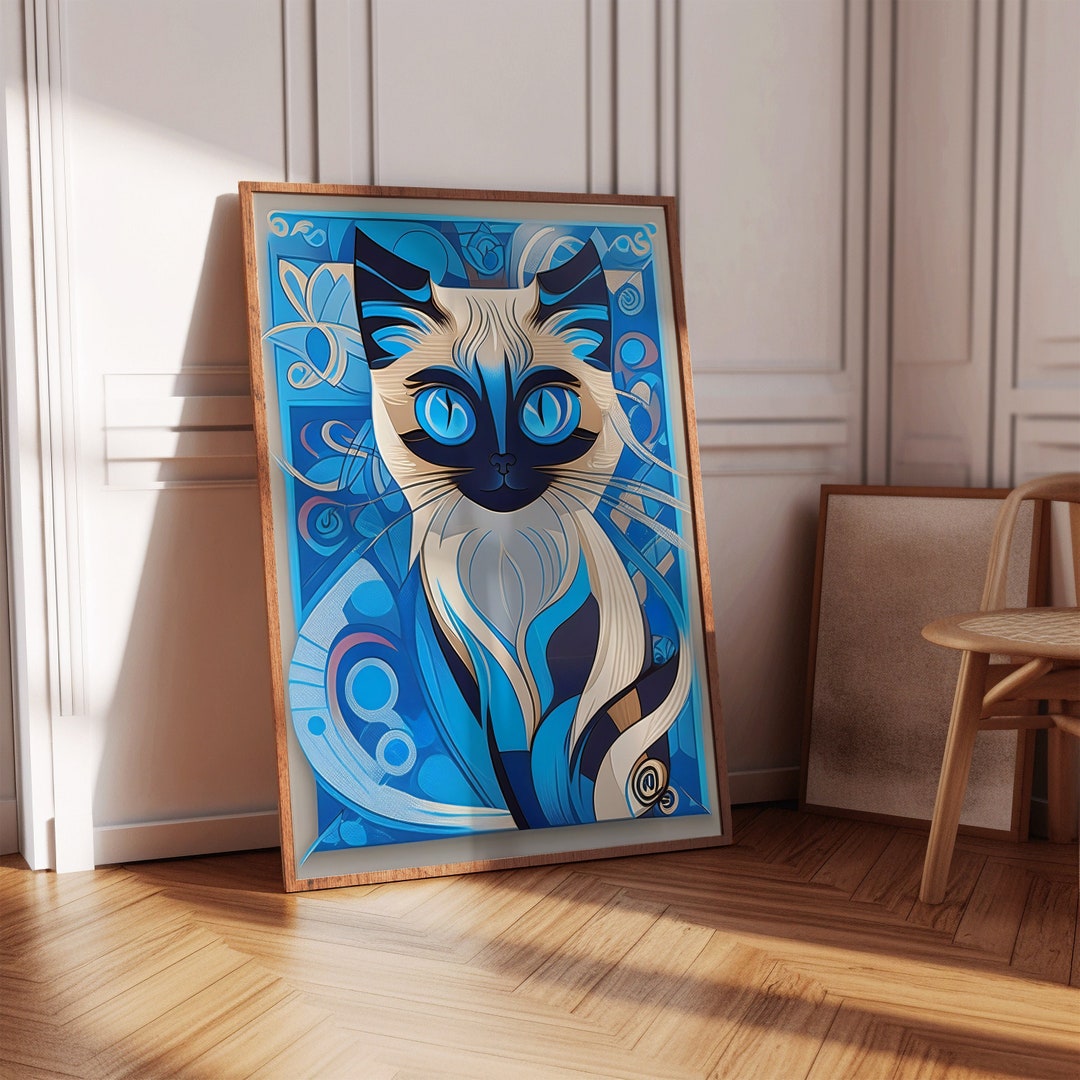 Blue Retro Cat Wall Art, Siamese Cats Illustration, Digital Download ...