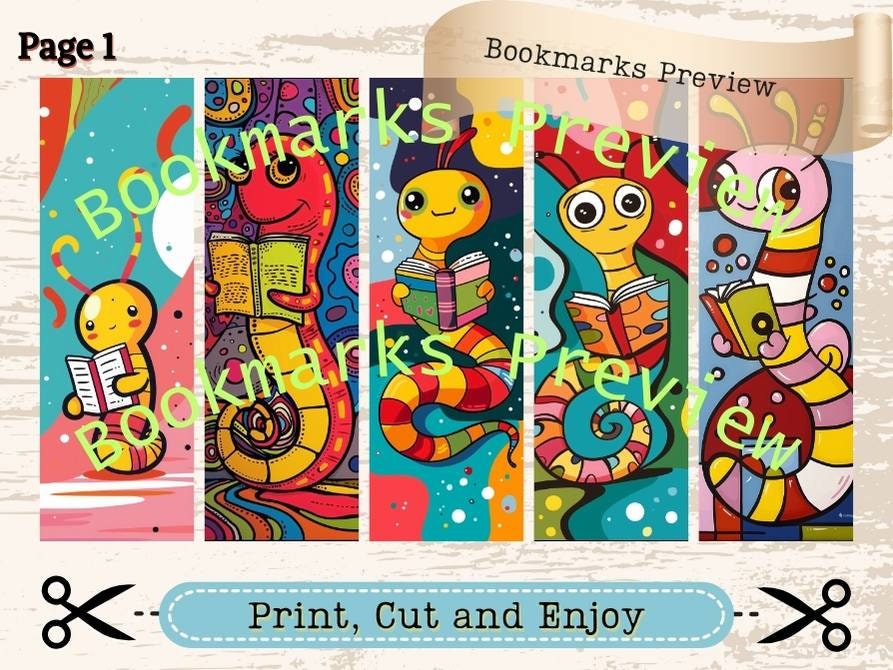 Bookworms Printable Bookmarks: 5 Pieces, Digital Collage Sheet Book ...