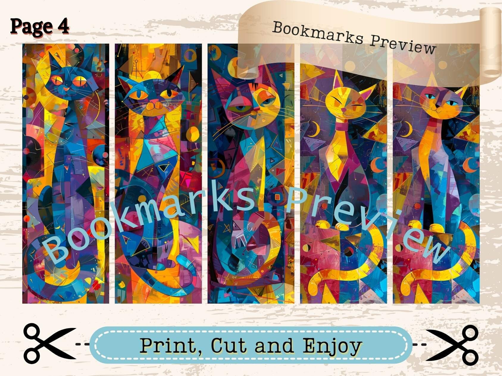 Artsy Cat Printable Bookmarks Set, 20 Pieces, Digital Collage Sheet ...