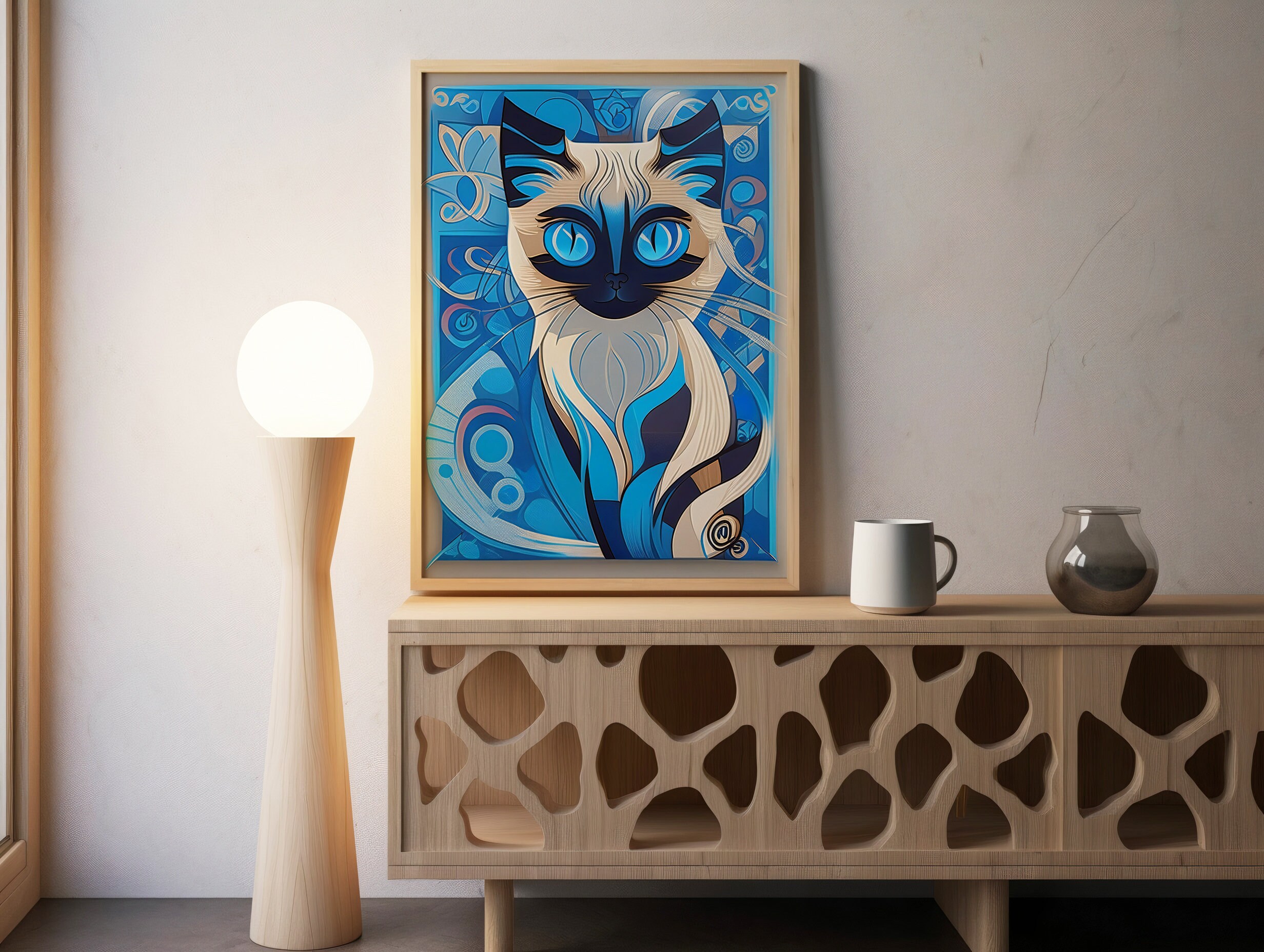 Blue Retro Cat Wall Art, Siamese Cats Illustration, Digital Download ...