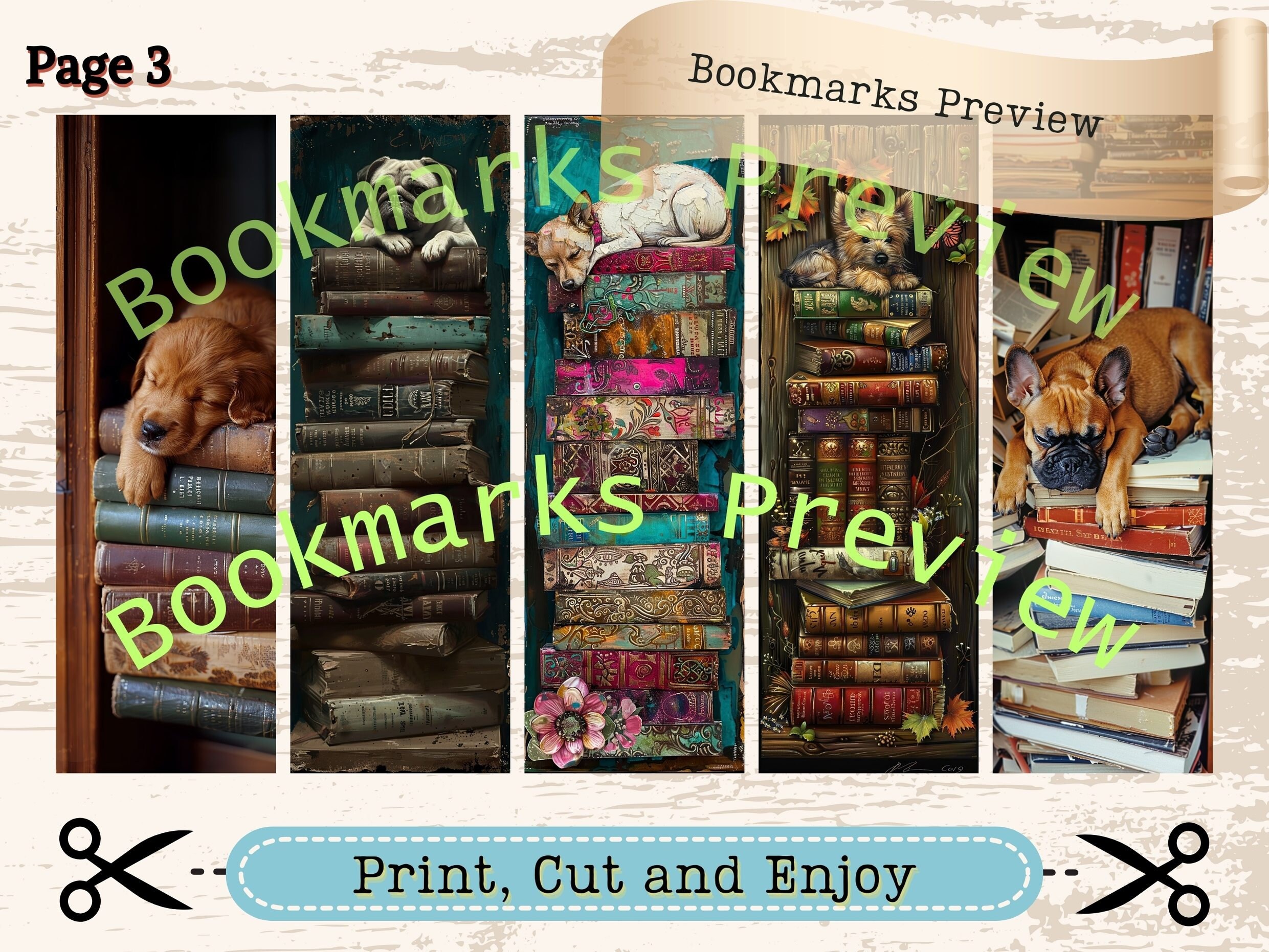 Cute Dogs and Books Printable Bookmarks: 25 Pieces Set, Collage Sheet ...
